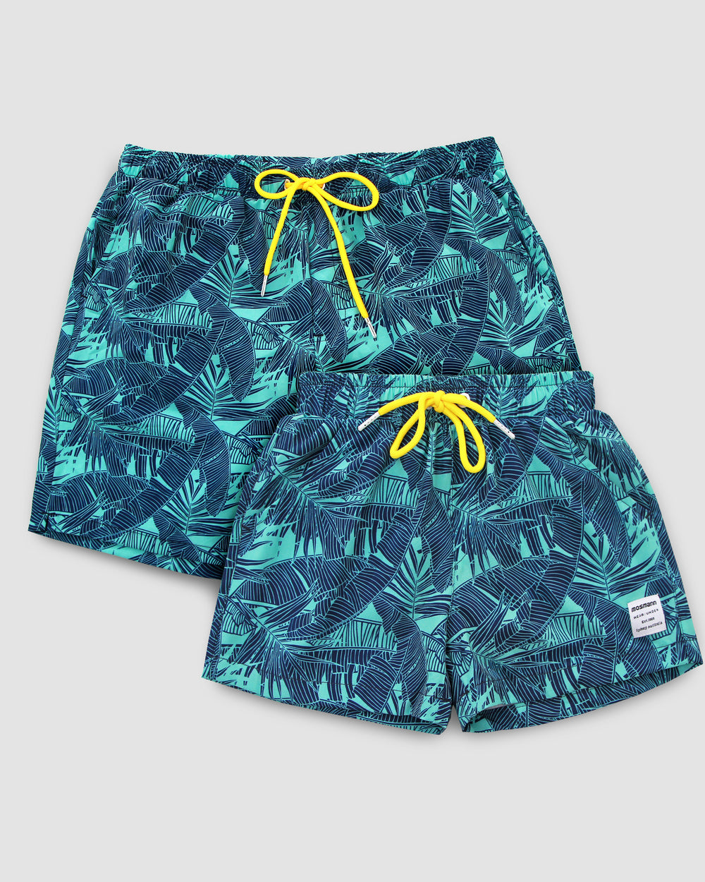 Aqua Tropical Leaf Family Board Shorts – Dad and Kid Matching Set