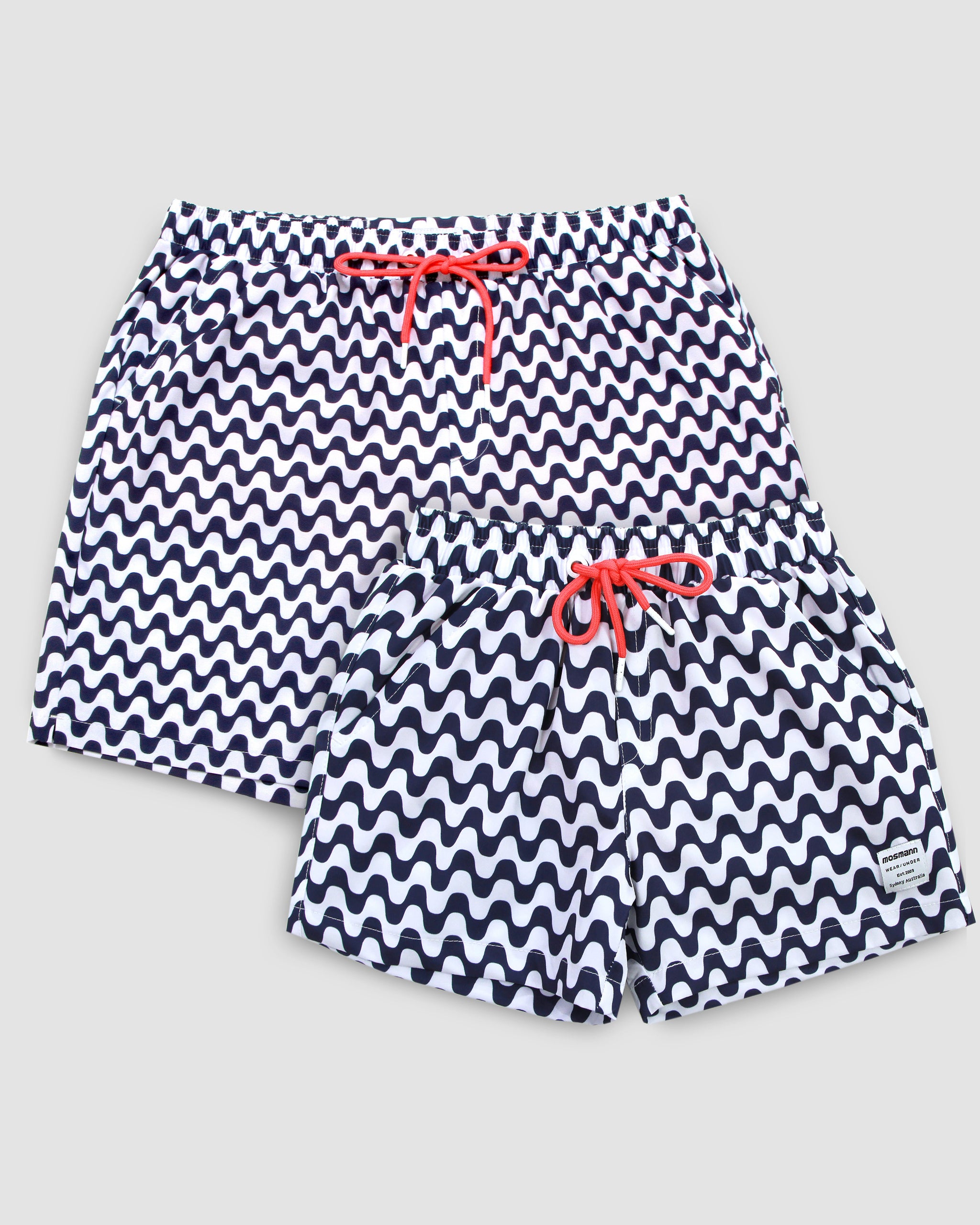 Wavy Stripe Swim Shorts for Dad and Son – Navy and White